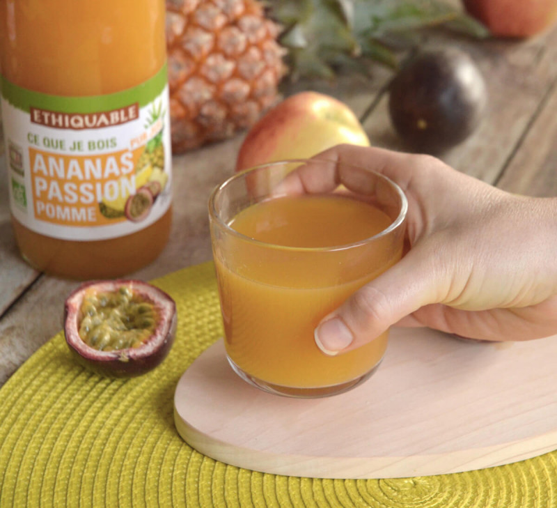 Pur jus Ananas, Passion et Pomme bio issu du commerce équitable